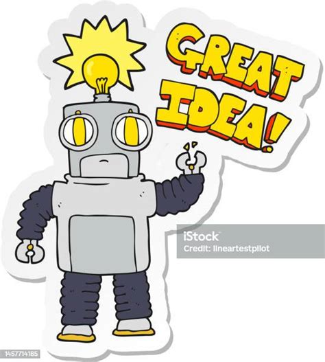 Sticker Of A Cartoon Robot With Great Idea向量圖形及更多傳統圖片 傳統 剪貼畫 卡通 Istock