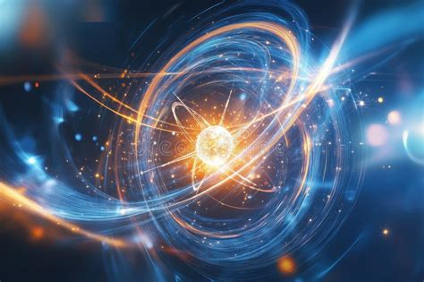 Stunning Depiction Of Atomic Structure With Glowing Particles And Swirling Energy Waves Stock