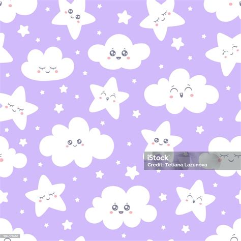 원활한 보라색 웃는 별과 구름 패턴 아기 잠 옷 직물에 대 한 행복 한 자 스타 하늘 미소 벡터 배경 0명에 대한 스톡 벡터 아트 및 기타 이미지 Istock