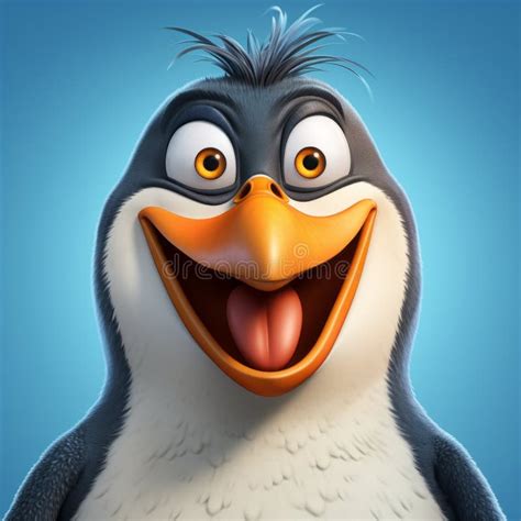 Pingüino De Caricatura Realista Sonriendo Con Fondo Azul Personaje De