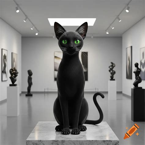 A Sleek Black Cat With Bright Green Eyes Sits On A Marble Pedestal In A