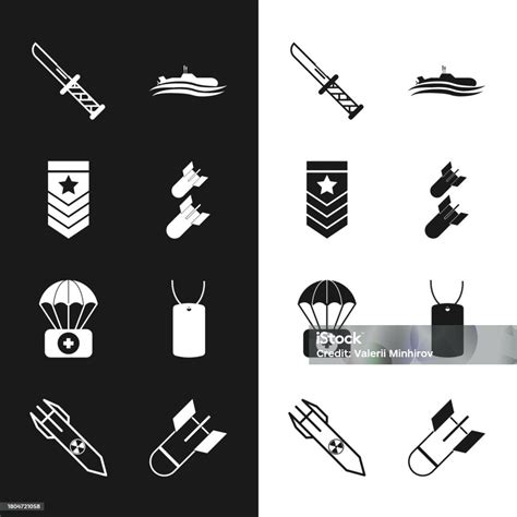 항공 폭탄 갈매기 모양 군용 칼 잠수함 구급 상자 인식표 및 핵 로켓 아이콘이 있는 낙하산을 설정합니다 벡터 갈매기표 수장에 대한 스톡 벡터 아트 및 기타 이미지 Istock