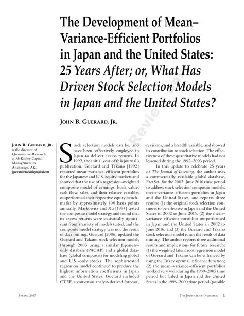 Pdf The Development Of Mean Variance Efficient Portfolios In Japan And The U S