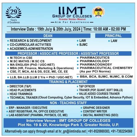 Iimt Group Of Colleges Greater Noida Wanted Teaching And Non Teaching Faculty Facultyplus