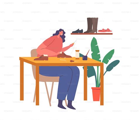 직장에 송곳이 앉아 있는 제화공 여자는 수제 풋기어를 만든다 구두 수선공 장인 캐릭터는 특수 장비와 도구 장인 정신을 사용하여 신발을 만듭니다 만화 사람들 벡터