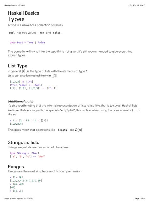 Haskell Basics Summary Haskell Basics Typestypes A Type Is A Name For A Collection Of