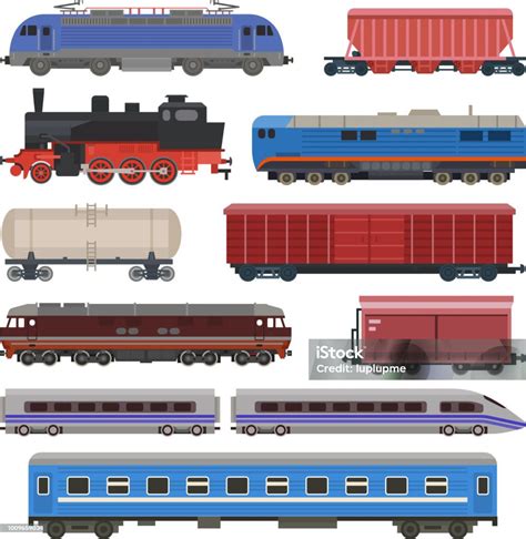 기차 벡터 철도 수송 기관차 또는 수레와 지하철 또는 지하철 교통 그림 집합 운송할 수 있는 차량 또는 흰색 배경에 고립 된 철도 역에 마차 카트에 대한 스톡 벡터 아트 및
