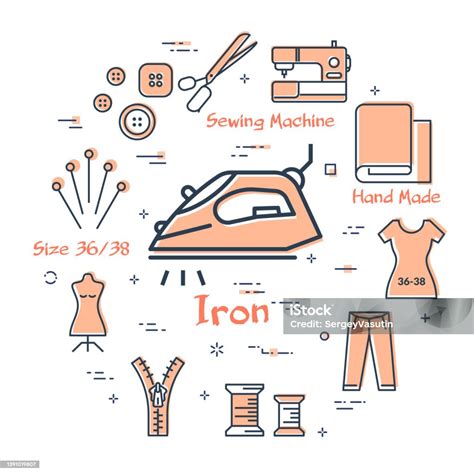 컬러 윤곽선 바느질 아이콘 다림질용 다리미 화이트에 고립된 재봉사 액세서리 벡터 일러스트 레이 션 세트 가위에 대한 스톡 벡터