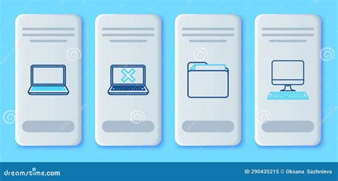 Set Line Laptop And Cross Mark On Screen Document Folder And Computer