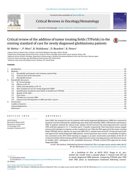 Pdf Critical Review Of The Addition Of Tumor Treating Fields Ttfields To The Existing