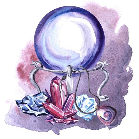 Watercolor Illustration Of A Crystal Ball On Stand With Crystals