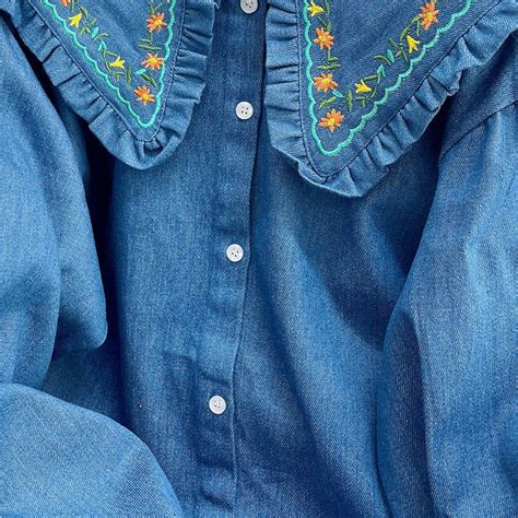 Badu Bg Дънкови ризи 2022 Пролет Есен Дамски волани с дълъг ръкав Питър Пан яка Цветя Бродерия