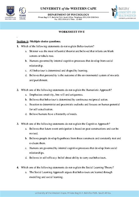 PSY Worksheet UNIVERSITY Of The WESTERN CAPE DEPARTMENT OF PSYCHOLOGY Private Bag X