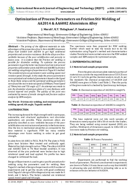 Pdf Irjet Optimization Of Process Parameters On Friction Stir Welding Of Aa2014 And Aa6082