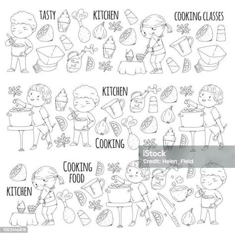 도 서 착 색 페이지입니다 주방입니다 요리 클래스 어린이 부모를 위한 코스입니다 벡터 패턴입니다 색칠하기에 대한 스톡 벡터 아트