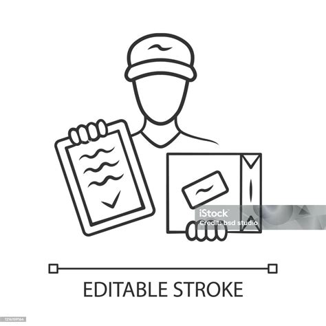 패키지 배달 선형 아이콘입니다 택배 서비스 소포 배달 상자와 송장이있는 배달인 골판지 패키지를 들고 우체부 등고선 기호입니다
