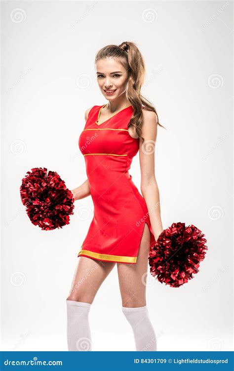 Cheerleader Posing With Pom Poms Stock Image Image Of Sportswear