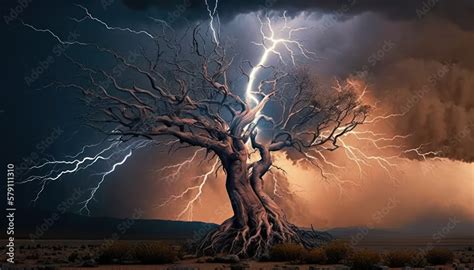 The Moment Lightning Hit A Tree Lightning Struck A Tree Dramatic Background A Tree Struck By