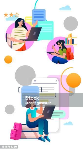 인터넷 코스 등록 개념 온라인 교육 개념 수직에서 공부하는 학생 소녀 설정 웹 회의에 대한 스톡 벡터 아트 및 기타 이미지 웹 회의 문화 스포츠 훈련 Istock