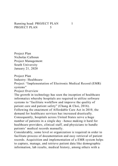 Running Head Project Plan1project Plan 5projedocx