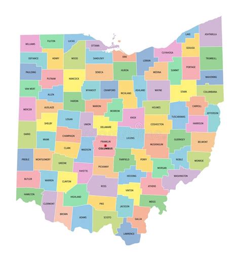 Ohio U S State Subdivided Into 88 Counties Multi Colored Map Stock