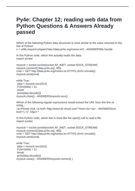 Py4e Chapter 12 Reading Web Data From Python Questions And Answers
