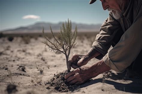 Premium AI Image A Man Planting A Tree In The Desert