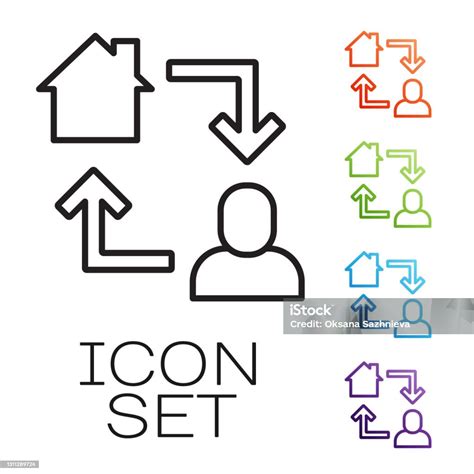 흰색 배경에 격리 된 블랙 라인 온라인 작업 아이콘 프리랜서 남자는 자신의 집에서 노트북에서 작업 원격 작업 먼 직업 개념 다채로운 아이콘을 설정합니다 벡터 가공의 인물에
