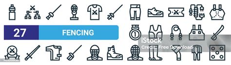 물병 경쟁 Epee 신발 가슴 가드 호일 펜싱 마스크 웹 디자인 모바일 앱을위한 대상 벡터 얇은 선 아이콘과 같은 27 개의 개요 웹 펜싱 아이콘 세트 아이콘에 대한 스톡