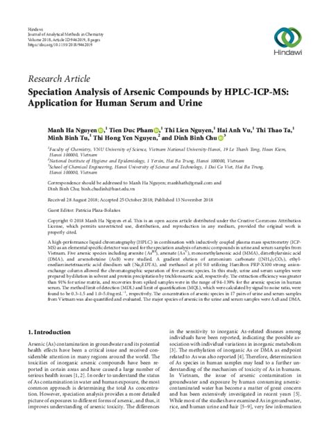 Pdf Speciation Analysis Of Arsenic Compounds By Hplc Icp Ms Application For Human Serum And Urine