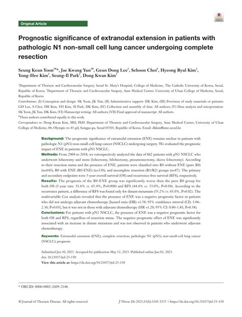 Pdf Prognostic Significance Of Extranodal Extension In Patients With Pathologic N1 Non Small