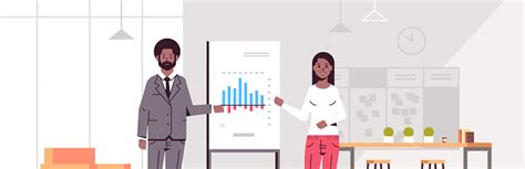 플립 차트 아프리카 계 미국인 비즈니스 커플에 금융 그래프를 제시 하는 동료 회의 에서 발표 발표 개념 현대 사무실 인테리어 평면 초상화 수평 가구에 대한 스톡 벡터 아트