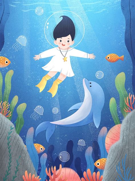 治癒系海底插畫世界海洋日女孩與海豚 海洋日 海洋 海底插畫素材桌布背景免費下載 免版稅