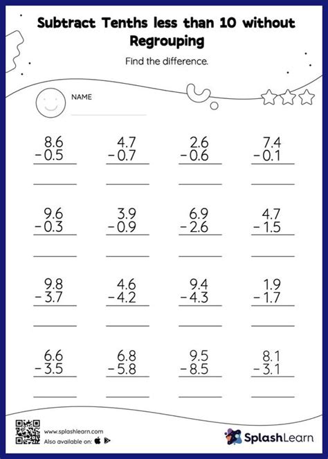 Subtract Tenths Less Than 10 Without Regrouping Vertical