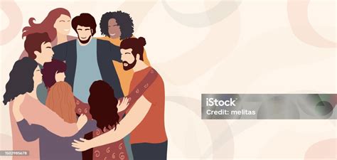 다양한 문화권에서 온 사람들이 서로 껴안고 있습니다 팀웍 협력 평화와 환경을 위한 사회 문제에 헌신하는 친구 또는 자원 봉사자 커뮤니티 기치 공동체에 대한 스톡 벡터 아트