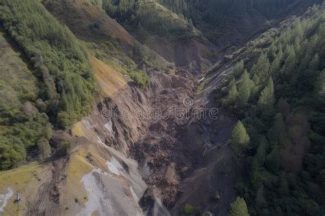 Aerial View Of Landslide With Debris Flow Moving Down Steep Slope Stock Image Image Of Aerial