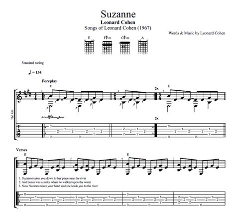 Suzanne · Leonard Cohen Guitar Sheet Music Tab Chords
