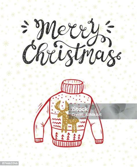 메리 크리스마스 인사말 카드입니다 즐거운 휴일 보내세요 벡터 겨울 휴가 배경 손 글자 붓글씨와 수 놓은 무스와 추한 크리스마스 스웨터 12월에 대한 스톡 벡터 아트 및 기타