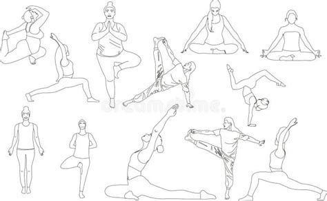 Black Line Contour Drawing Of Various Sizes Weight Nation Sex Poses Doing Yoga Exercises Indian