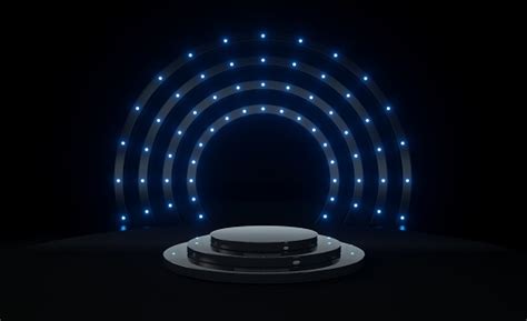 현대적이고 트렌디 한 검은 색과 파란색 네온 둥근 받침대 배경 3d 일러스트 레이 션 무대에 대한 스톡 사진 및 기타 이미지 무대 배경막 상 Istock