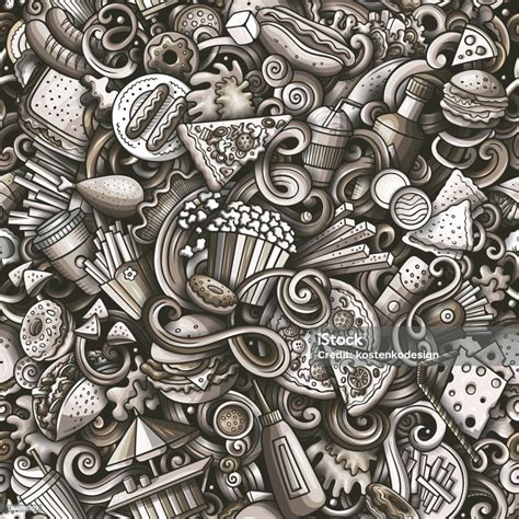 패스트 푸드 손으로 그린 낙서 원활한 패턴 패스트푸드 배경 3차원 형태에 대한 스톡 벡터 아트 및 기타 이미지 3차원 형태 감자 요리 개체 그룹 Istock