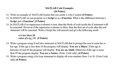 Solved Matlab Code Examples 26 Points 11 Write An Example