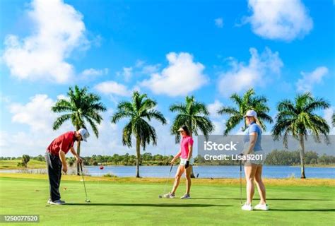 트리오는 아름다운 경치 녹색에 골프를 재생 남자와 두 여자 스포티 골프 스윙에 대한 스톡 사진 및 기타 이미지 골프 스윙 여자 3 명 Istock