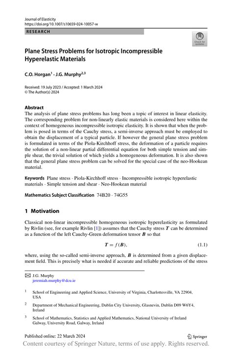 Pdf Plane Stress Problems For Isotropic Incompressible Hyperelastic