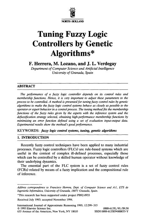 Pdf Tuning Fuzzy Logic Controllers By Genetic Algorithms