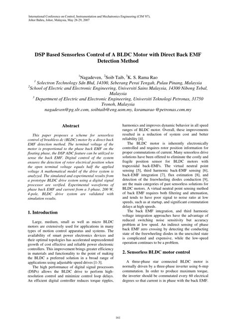 pdf dsp based sensorless control of a bldc motor with direct back emf detection method