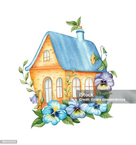 귀여운 손으로 그린 집 흰색 배경에 나뭇잎과 꽃으로 장식 엽서 기념품에 대 한 수채화 그림 0명에 대한 스톡 벡터 아트 및 기타 이미지 Istock