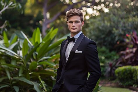 A Man In A Tuxedo Stands In Front Of A Garden Premium AI Generated Image