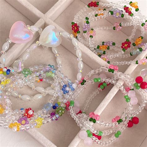비즈 팔찌 밴딩 플라워 꽃 체리 오로라 하트 리본 구슬 우레탄 여름 레이어드 키치 컬러