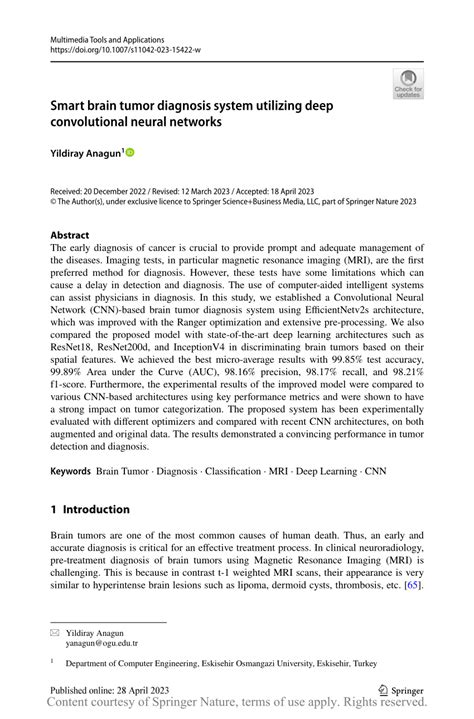 Smart Brain Tumor Diagnosis System Utilizing Deep Convolutional Neural Networks Request Pdf